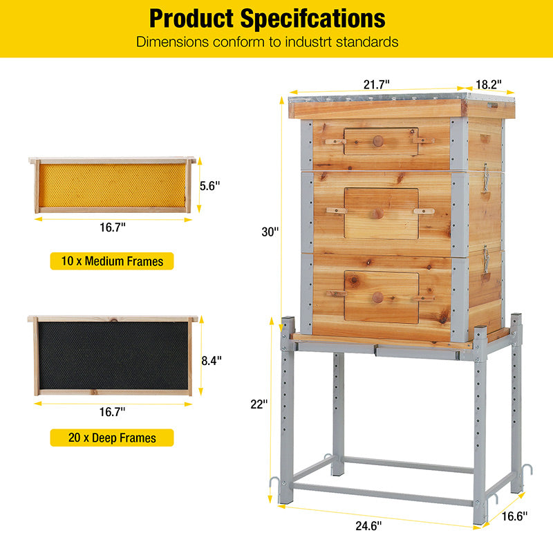 Complete Beehive Kit - No Assembly Needed, Large Wooden Bee Box with ...