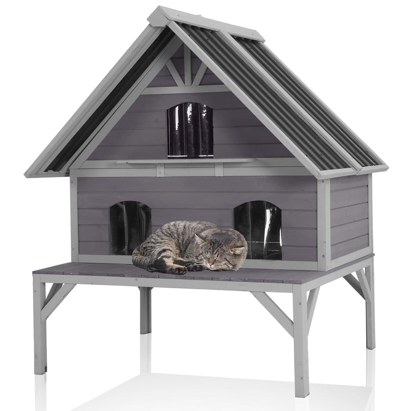 Outdoor Cat House with Metal Roof, 2 Levels, PVC Door Flap & Raised ...